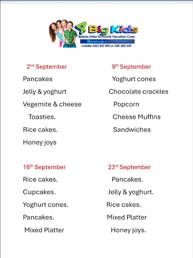 Menus – Outside School Hours Care